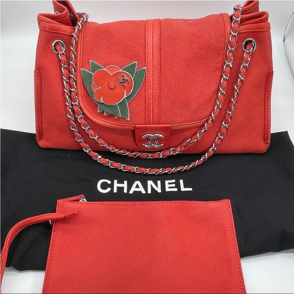 Chanel Red Caviar Leather Camellia Flower Accordion C… - Gem